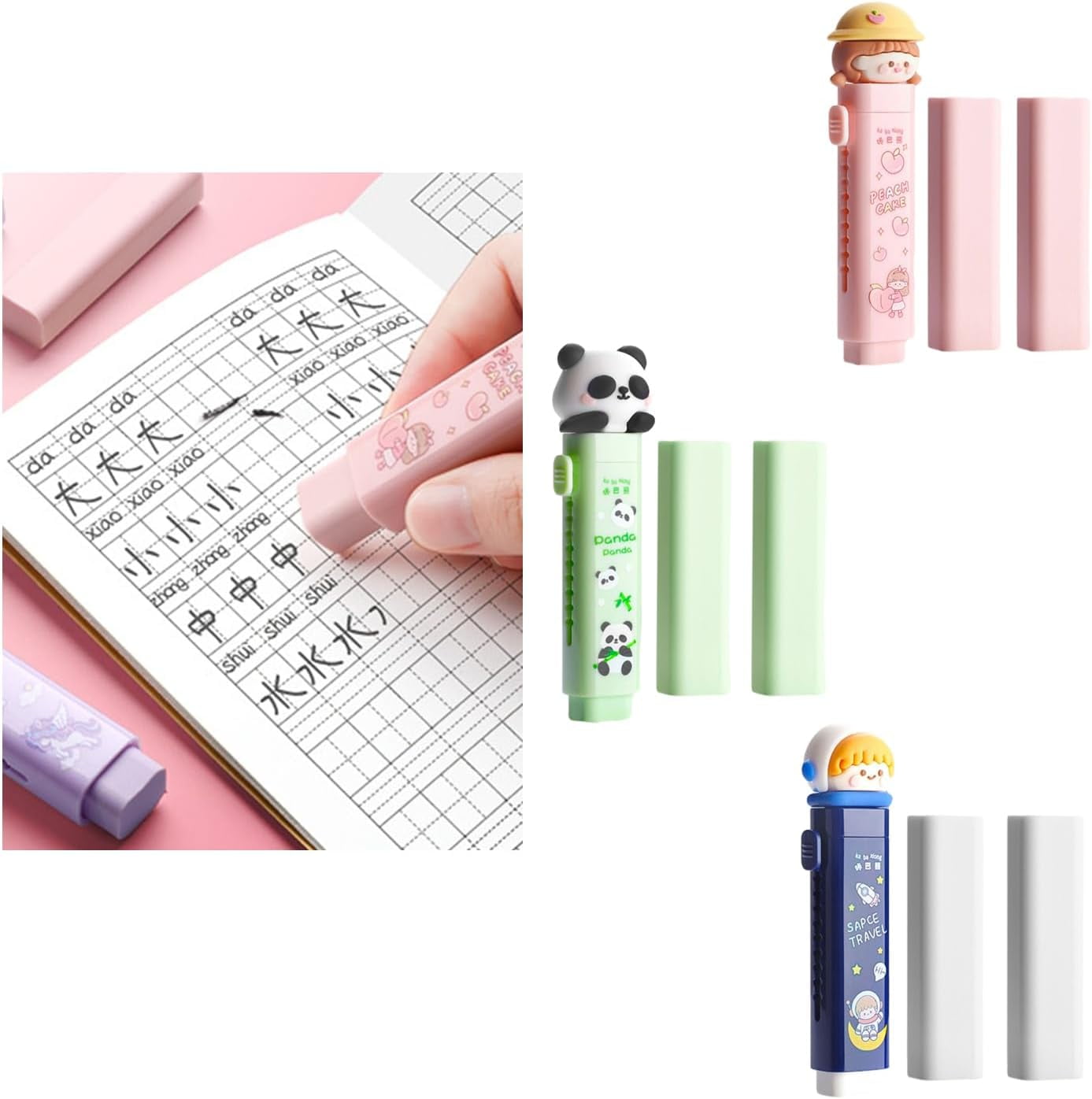 Cartoon Rubber Erasers Retractable Eraser Pen With Refill Eraser Pen ...