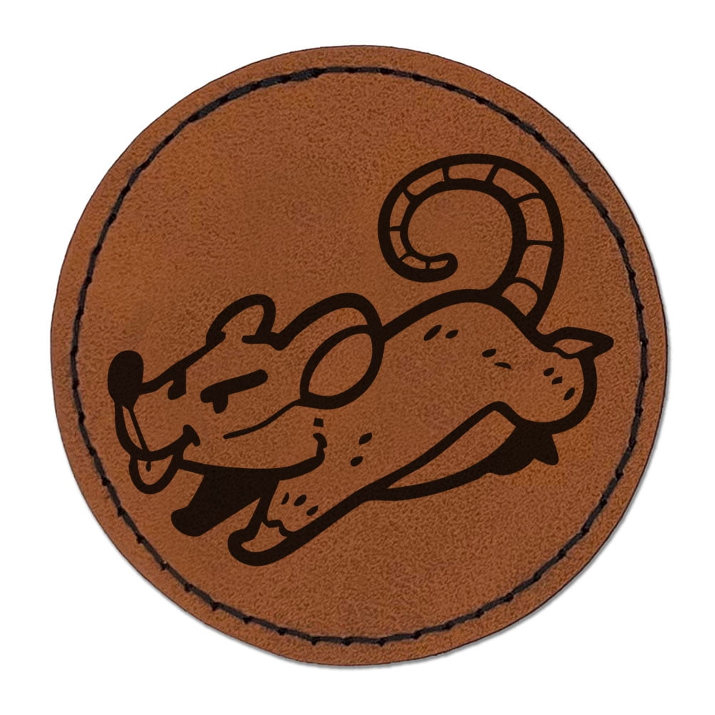 Cartoon Running Rat Rodent Mouse Round Iron-On Engraved Faux Leather ...
