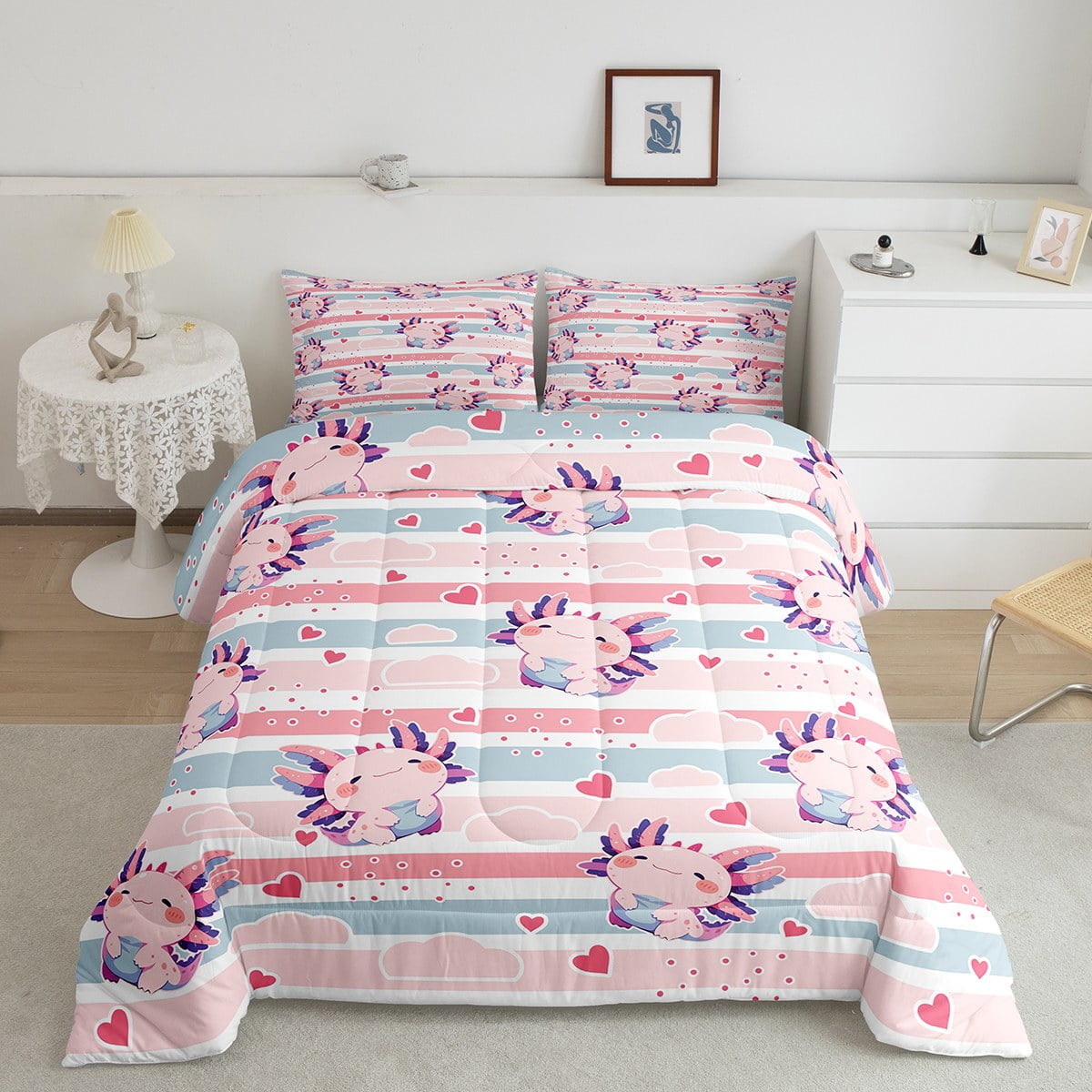 Cartoon Salamander Comforter Set Twin Size,Pink Axolotl Bedding Set ...