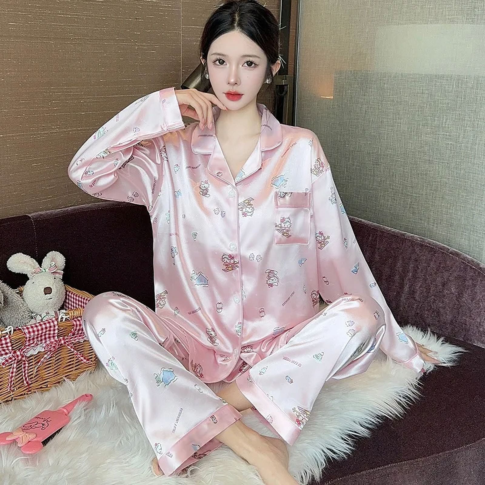 Cartoon Sanrio Hello Kitty Women's Pajamas Autumn Ice Silk Long Sleeve ...