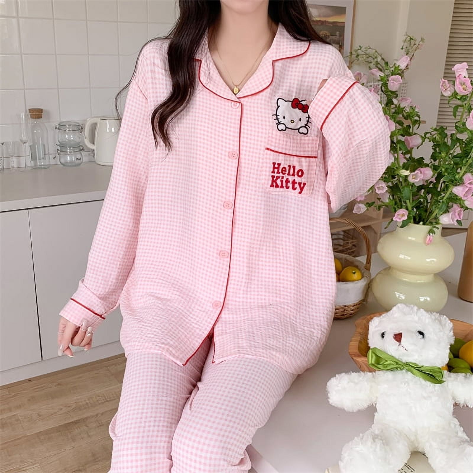 Cartoon Sanrio Hello Kitty pajamas, pure cotton long-sleeved trousers casual two-piece set, new ...