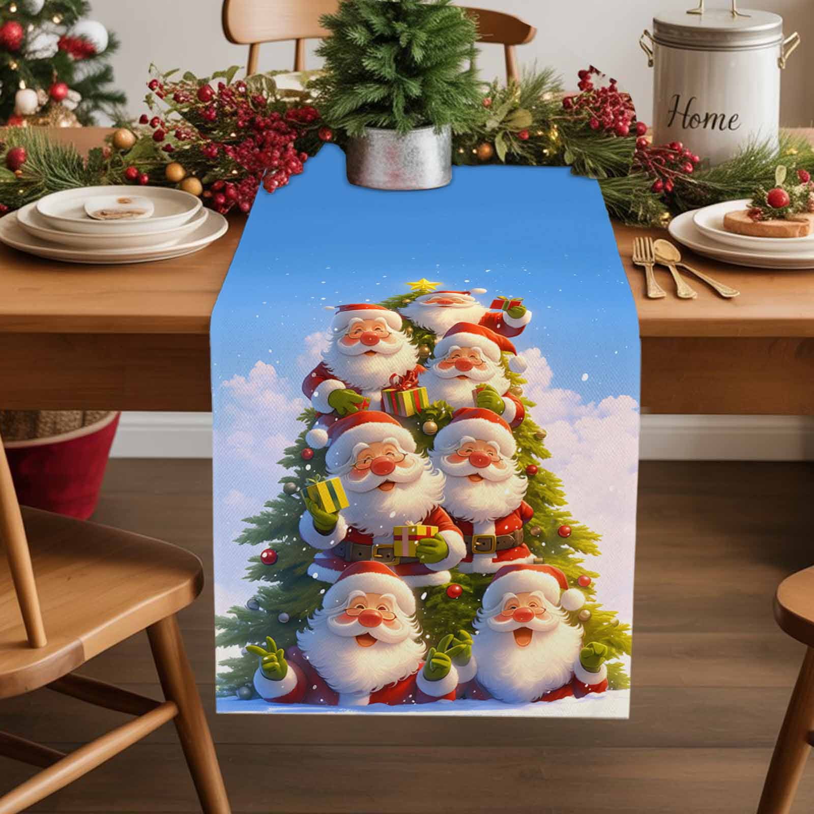 Cartoon Santa Claus Christmas Tree Table Runner 13x70in Non-Slip Cotton ...