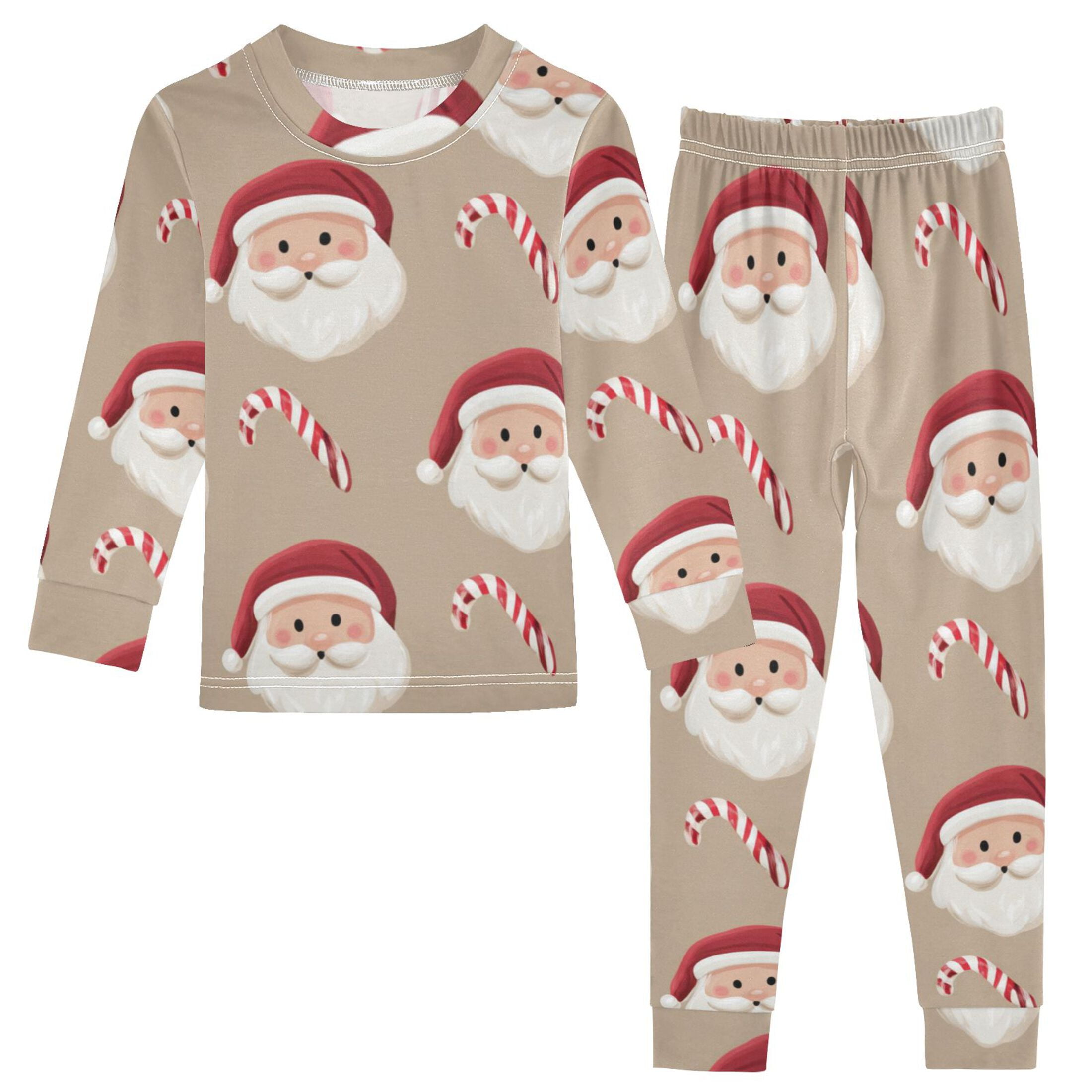 Cartoon Santa Claus Faces Candy Canes Cotton Pajama Set Long Sleeve Top ...