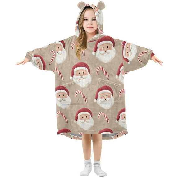 Cartoon Santa Claus Faces Candy Canes Flannel Wearable Blankets Hooded Design Long Sleeves Wrap ...