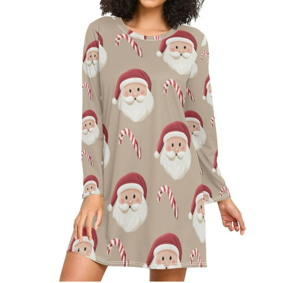 Cartoon Santa Claus Faces Candy Canes Women's Long Sleeves Nightgowns ...