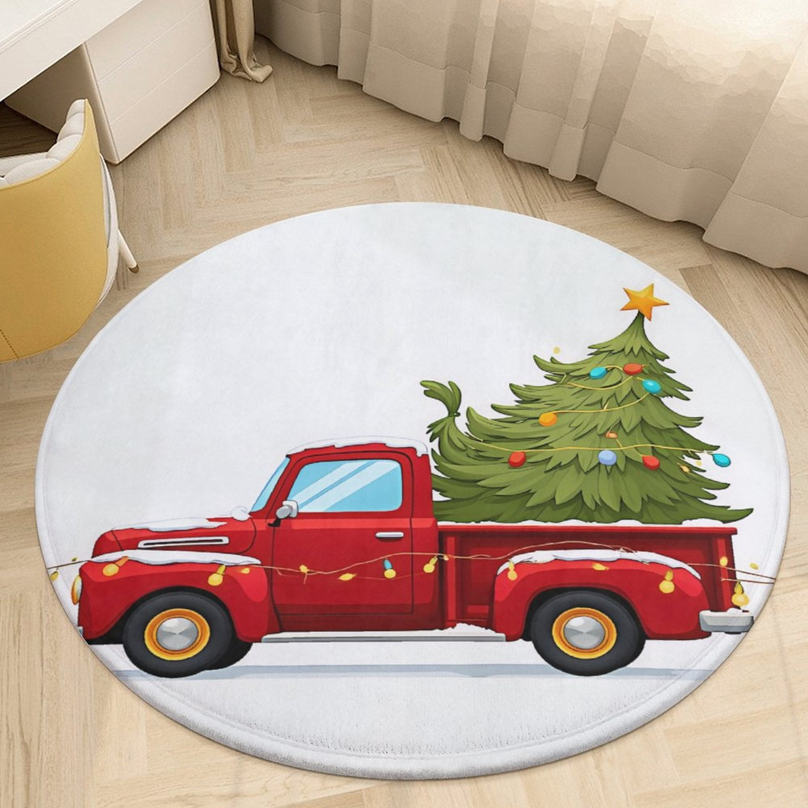 Cartoon Santa Claus Gift And Christmas Tree Red Truck Round Area Rugs ...
