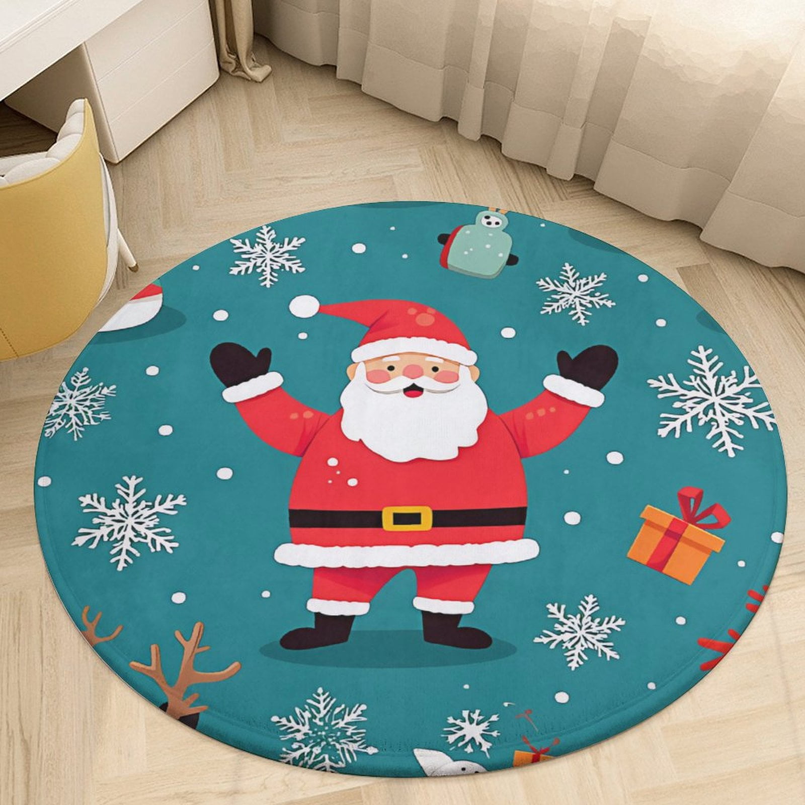Cartoon Santa Claus Gift And Christmas Tree Red Truck Round Area Rugs ...
