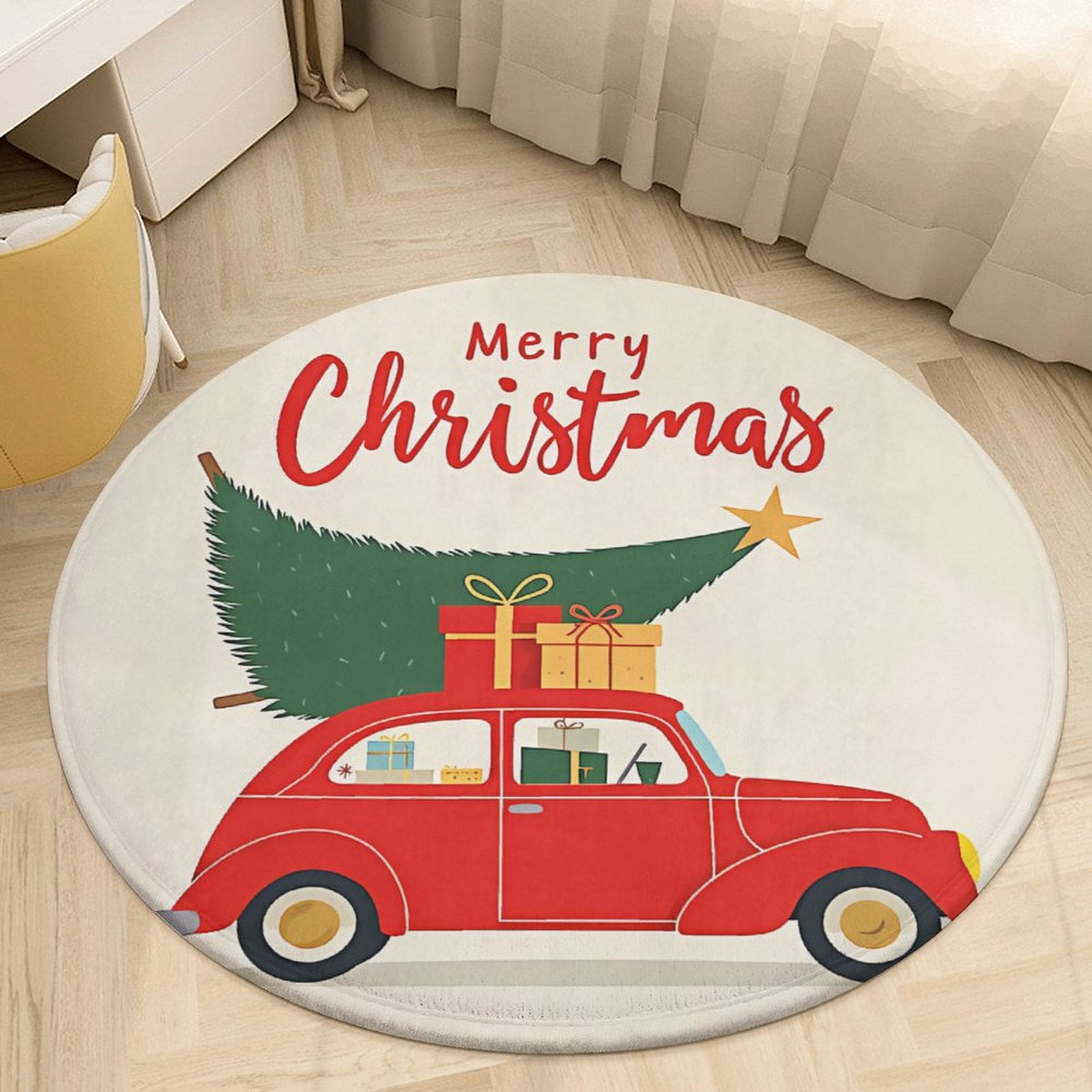 Cartoon Santa Claus Gift And Christmas Tree Red Truck Round Area Rugs ...
