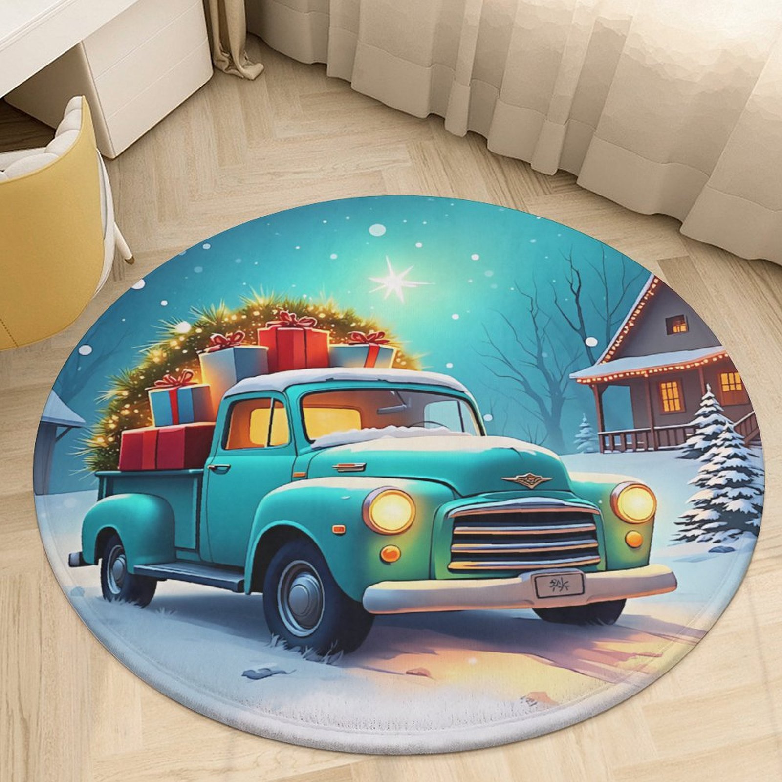 Cartoon Santa Claus Gift And Christmas Tree Red Truck Round Area Rugs ...
