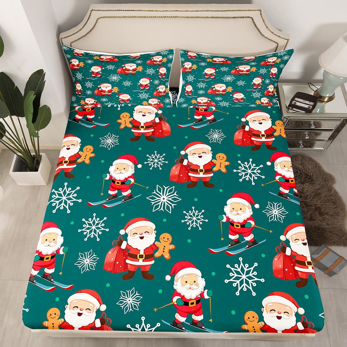Cartoon Santa Claus Queen Fitted Sheet,Xmas Gingerbread Bed Sheets ...