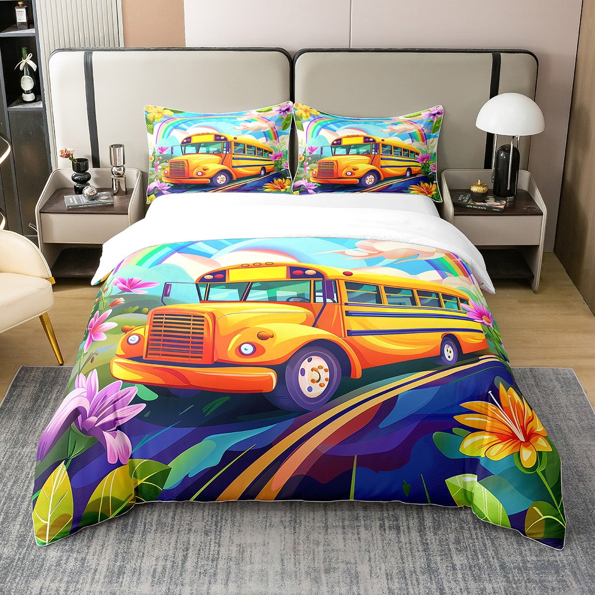 Cartoon School Bus 100% Cotton Duvet Cover Twin Size, Rainbow Flowers ...