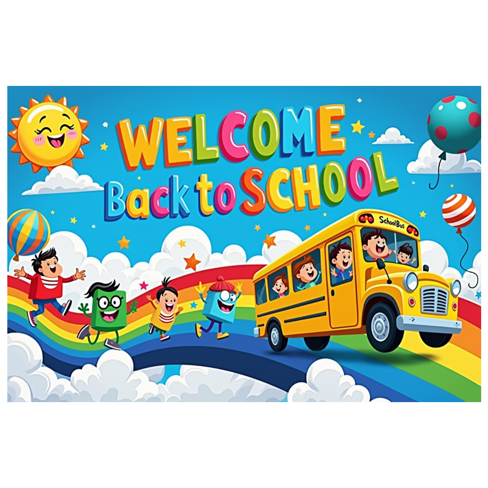 Cartoon School Bus Back to School Kids Educational Rainbow Banner for ...