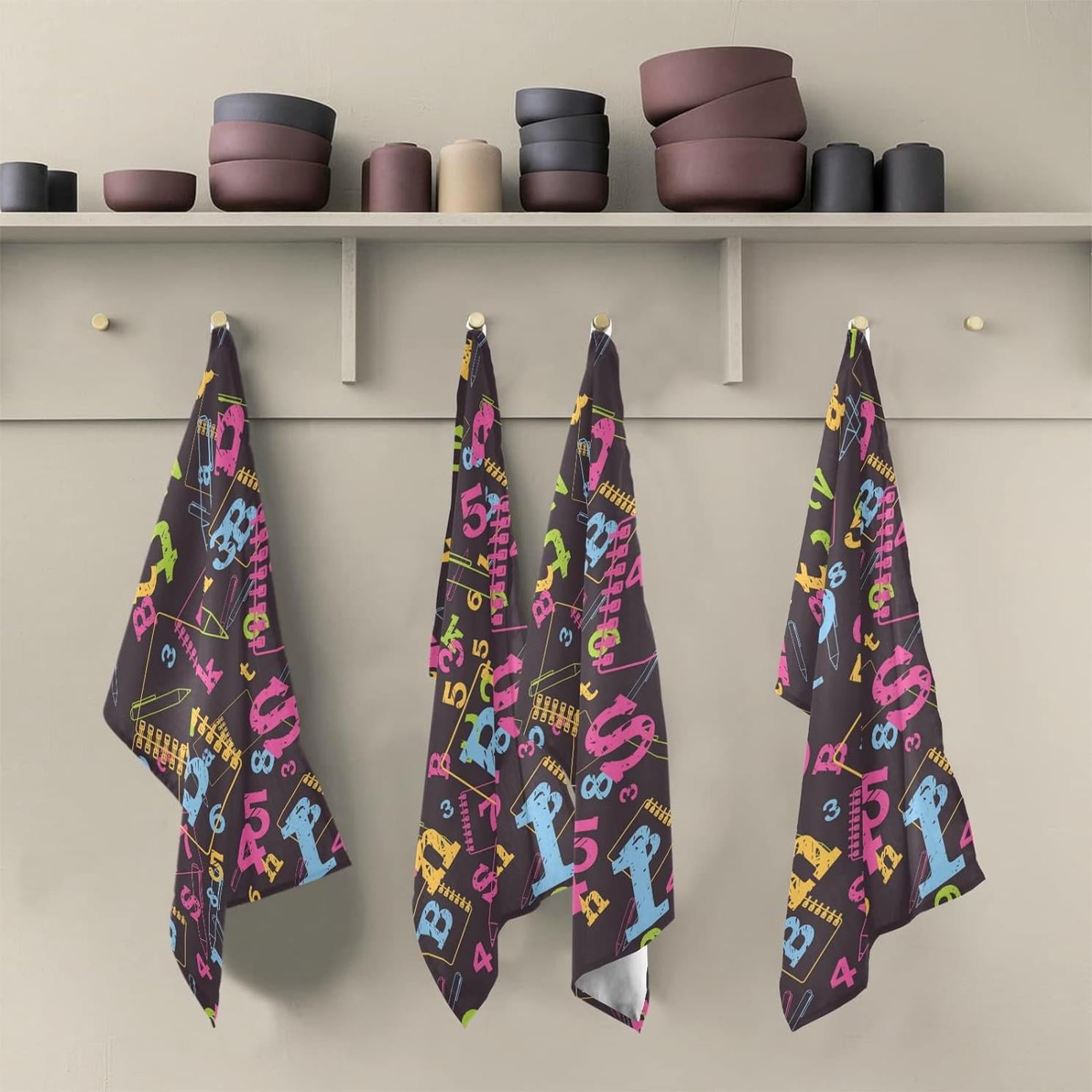 Cartoon School Math Numbers Dish Towels Set of 6, Colorful Letters ...