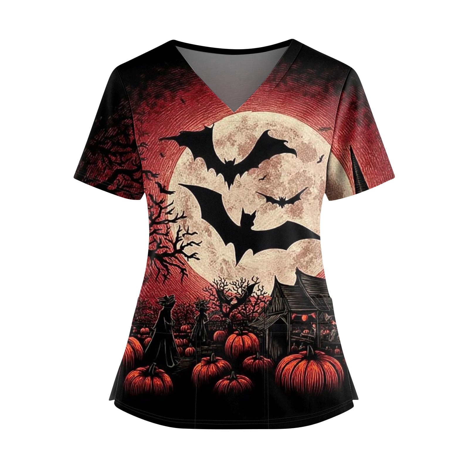 Cartoon Scrub Tops, Halloween Print Scrubs Tops Medical Nursing ...