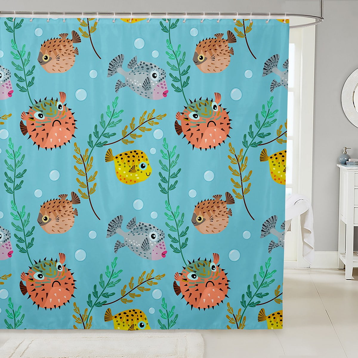 Cartoon Sea Animal Bathroom Shower Curtain Sets 72"Wx78"L,Cute Puffer ...