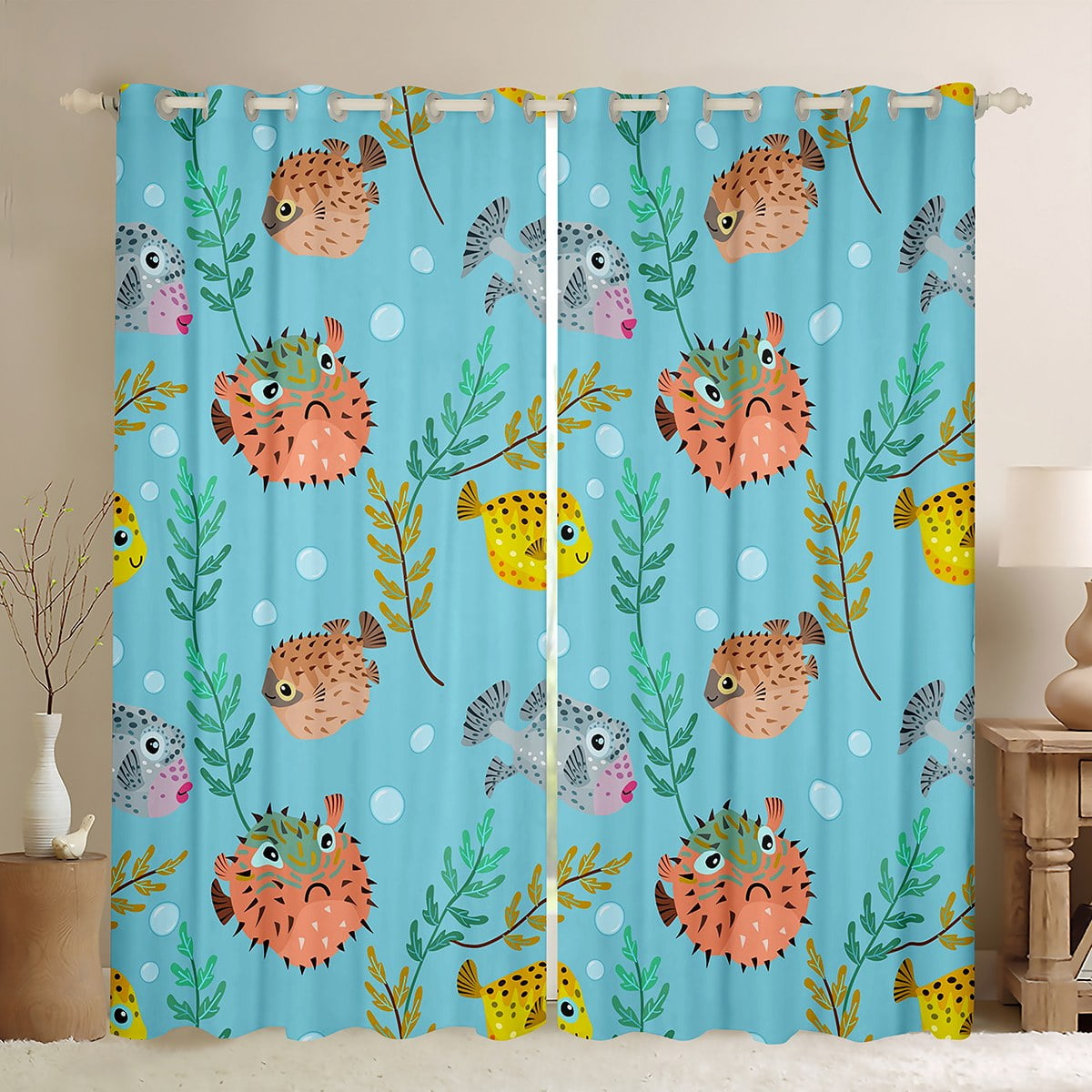 Cartoon Sea Animal Curtains 42"x84" Set of 2 Panels,Cute Puffer Fishs ...