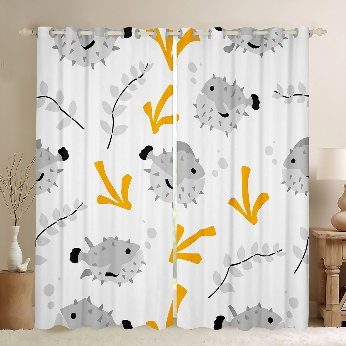 Cartoon Sea Animal Curtains 42"x84" Set of 2 Panels Cute Pufferfish ...