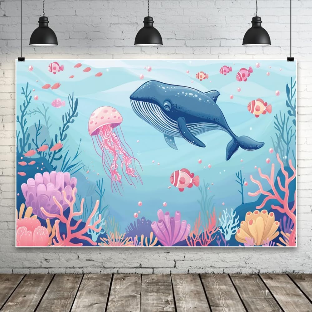 Cartoon Under The Sea Backdrop Whale Pink Octopus Colorful Coral Reef ...