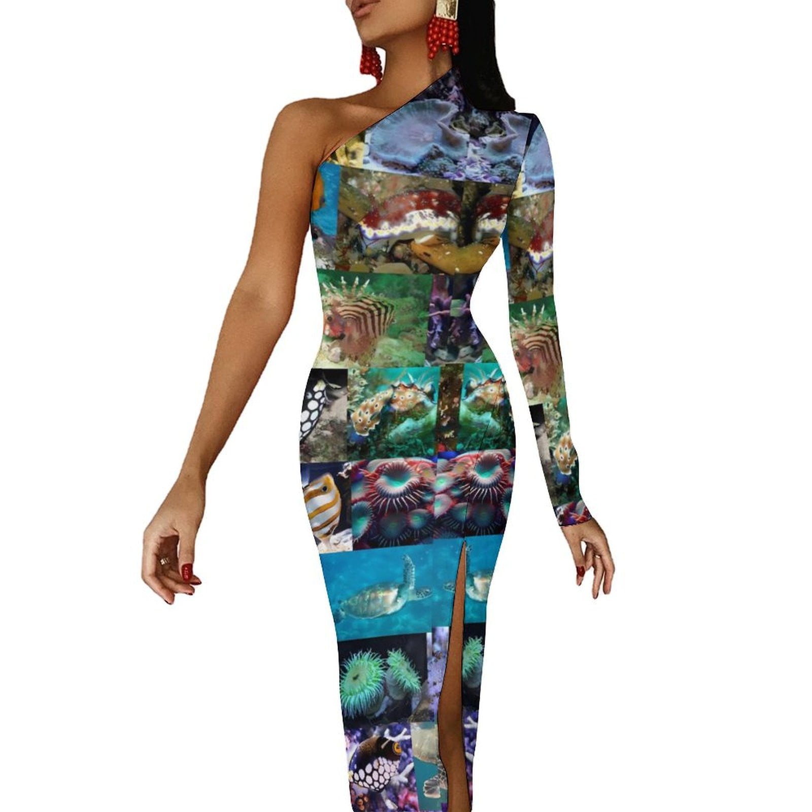 Cartoon Sea Fish Maxi Dress One Shoulder Floral Print Bodycon Dress ...