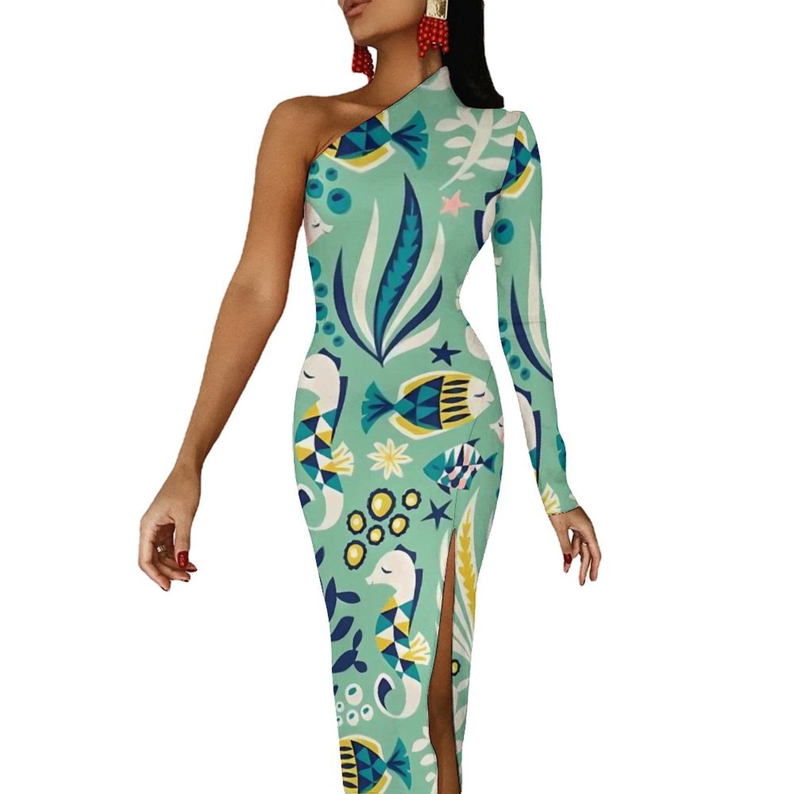 Cartoon Sea Fish Maxi Dress One Shoulder Floral Print Bodycon Dress ...