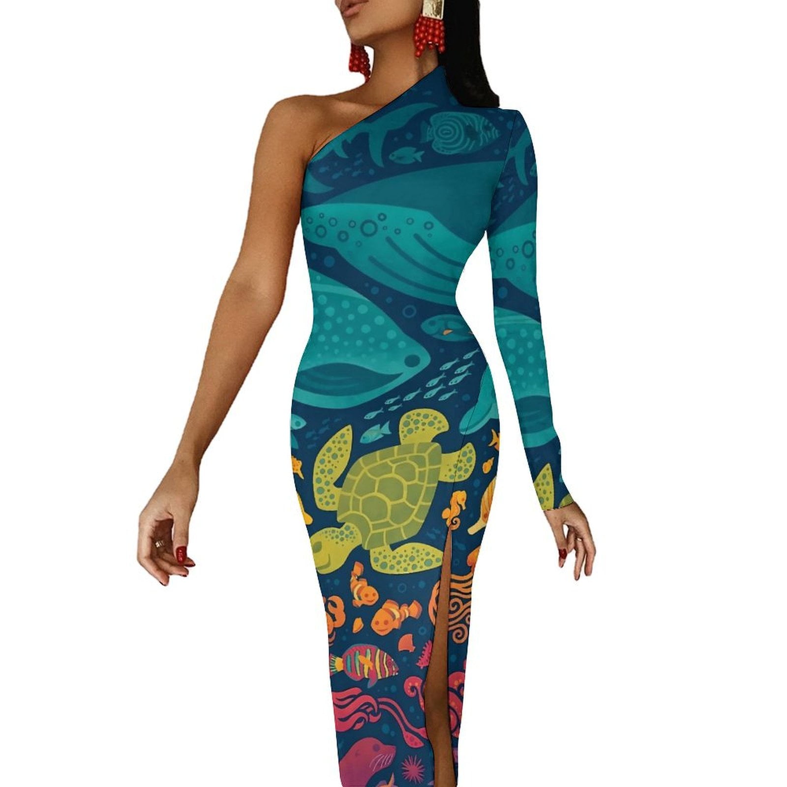 Cartoon Sea Fish Maxi Dress One Shoulder Floral Print Bodycon Dress ...