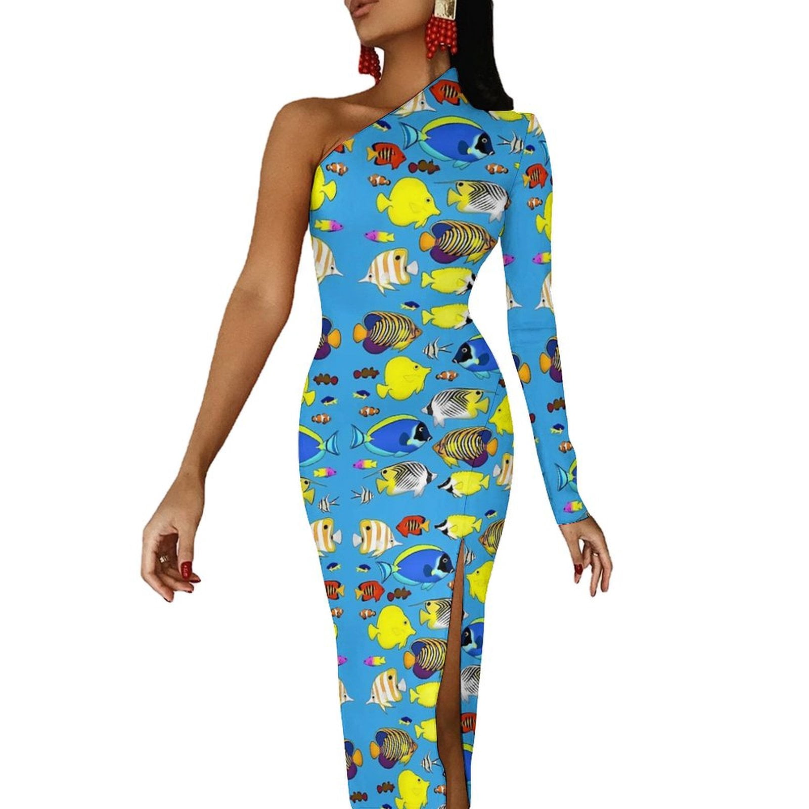 Cartoon Sea Fish Maxi Dress One Shoulder Floral Print Bodycon Dress ...