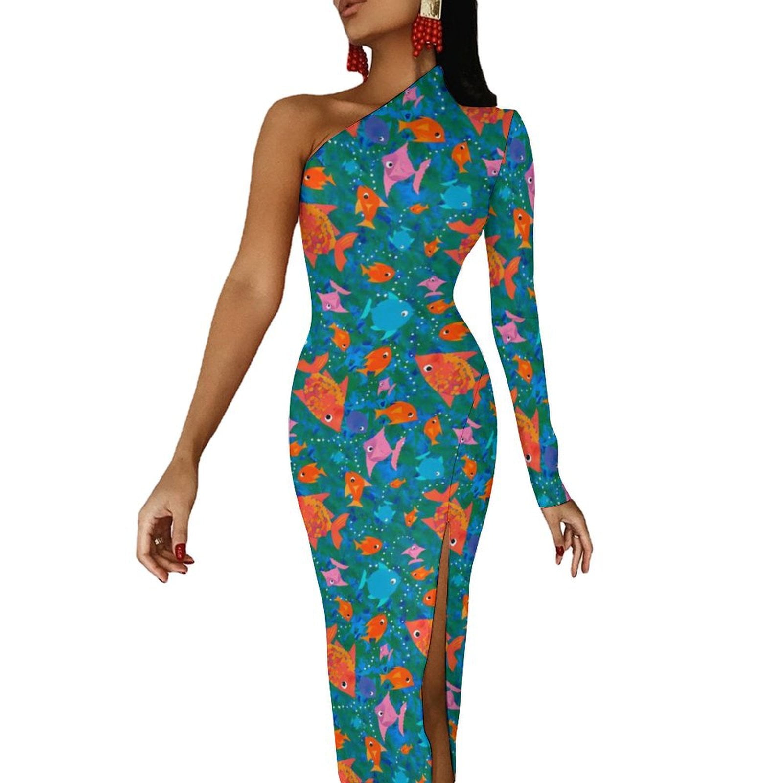 Cartoon Sea Fish Maxi Dress One Shoulder Floral Print Bodycon Dress ...