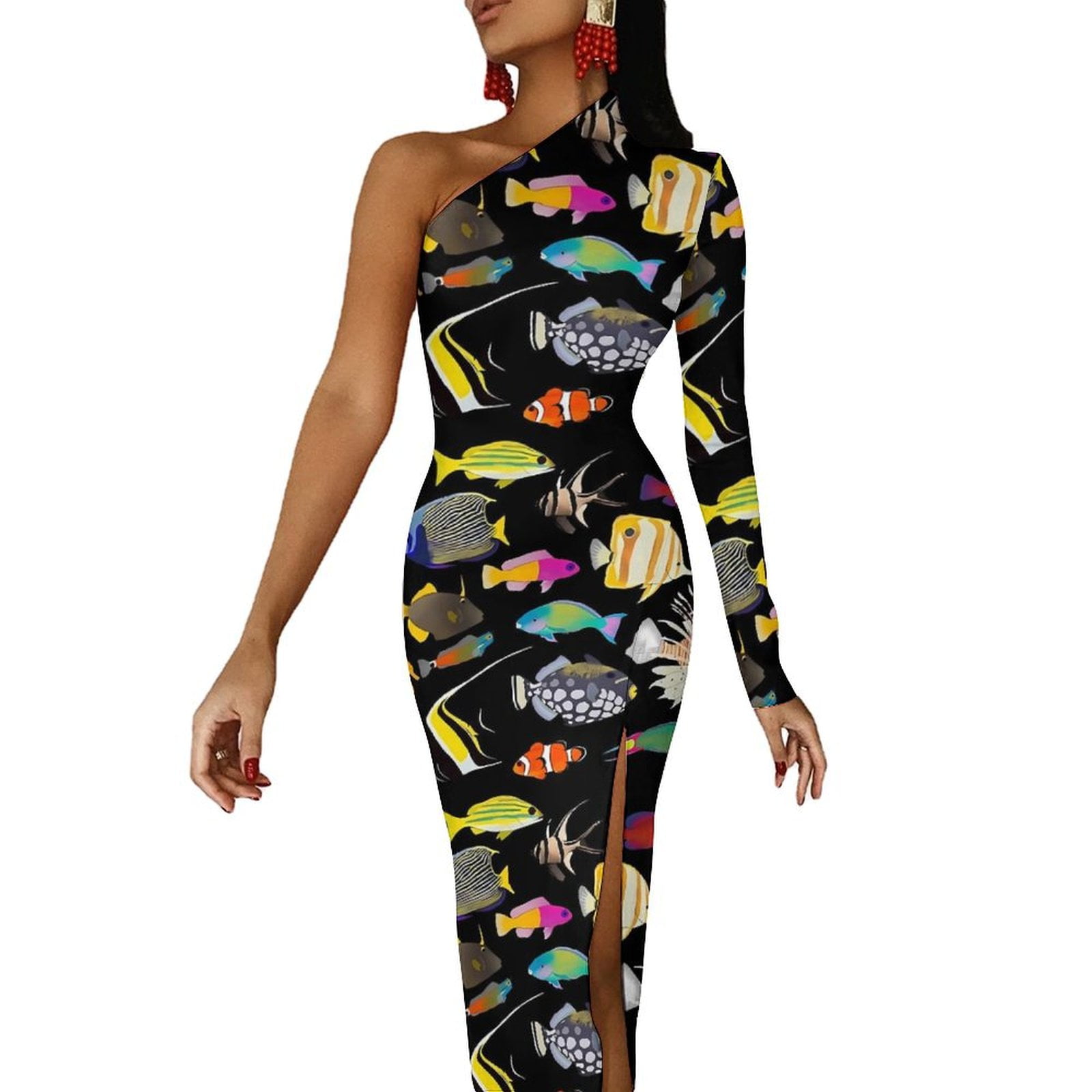 Cartoon Sea Fish Maxi Dress One Shoulder Floral Print Bodycon Dress ...