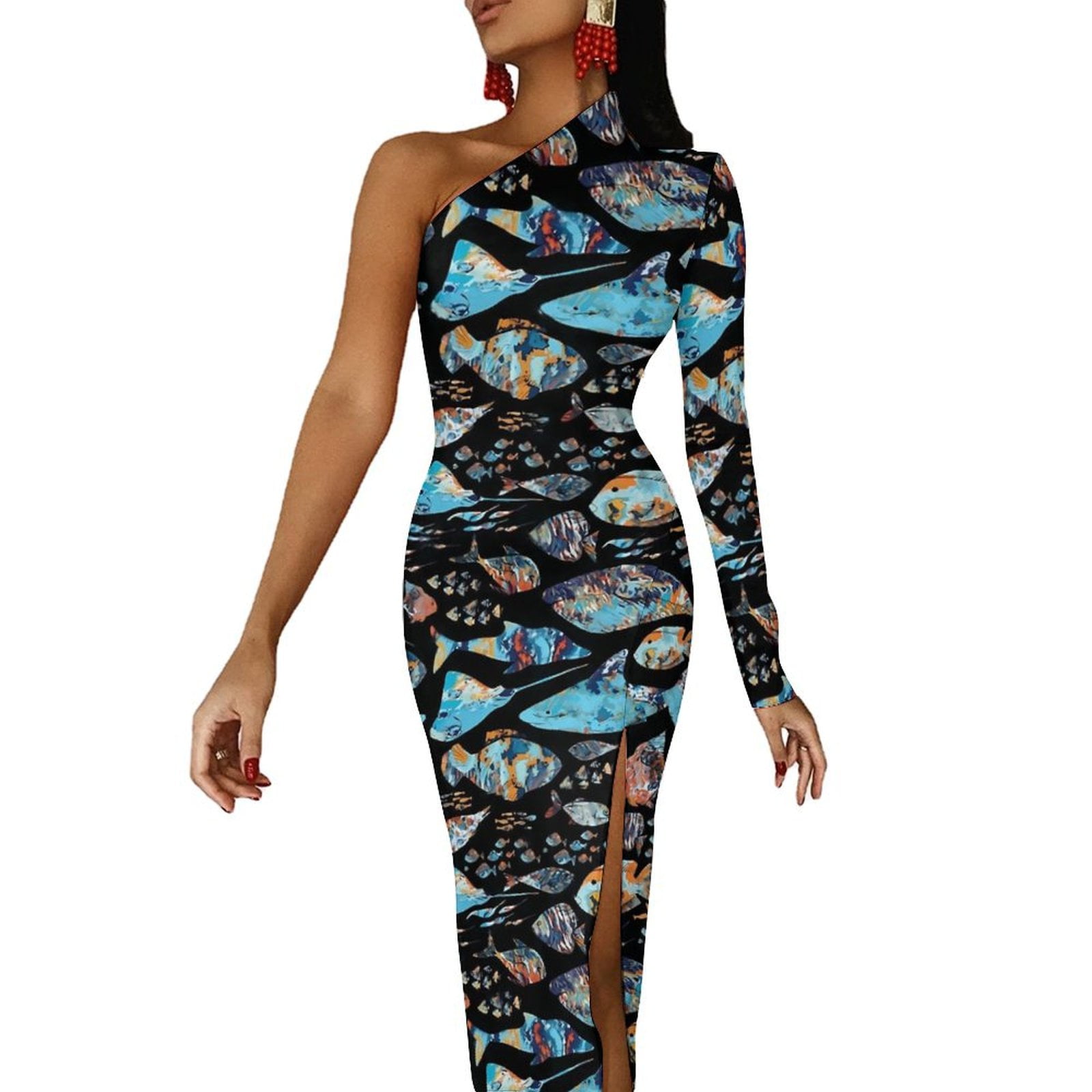 Cartoon Sea Fish Maxi Dress One Shoulder Floral Print Bodycon Dress ...