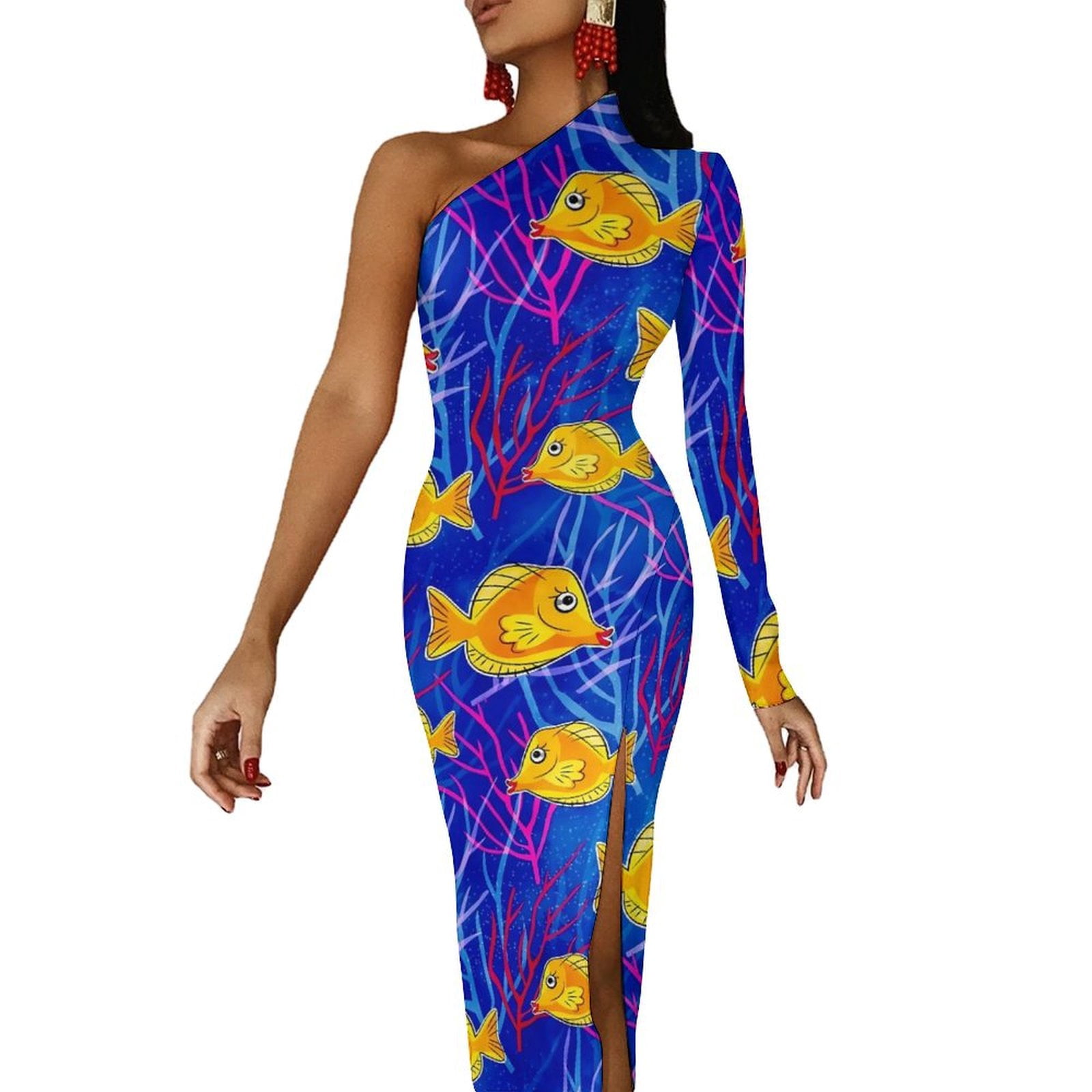 Cartoon Sea Fish Maxi Dress One Shoulder Floral Print Bodycon Dress ...