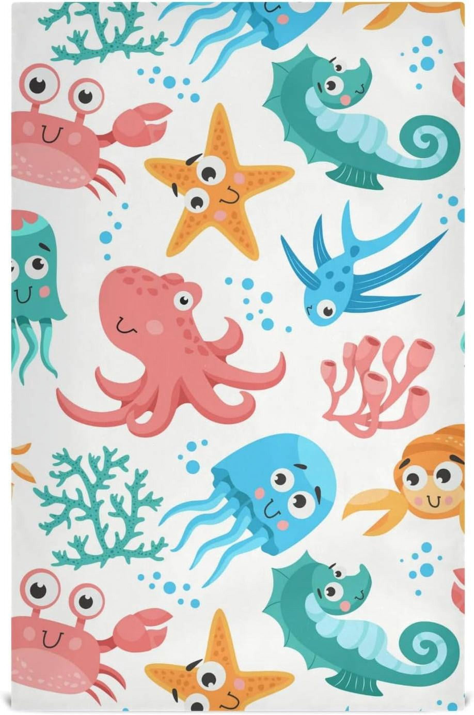 Cartoon Sea Life Animals Tea Towels Set of 1 Fish Starfish Octopus Kitchen Dish Cloth with ...