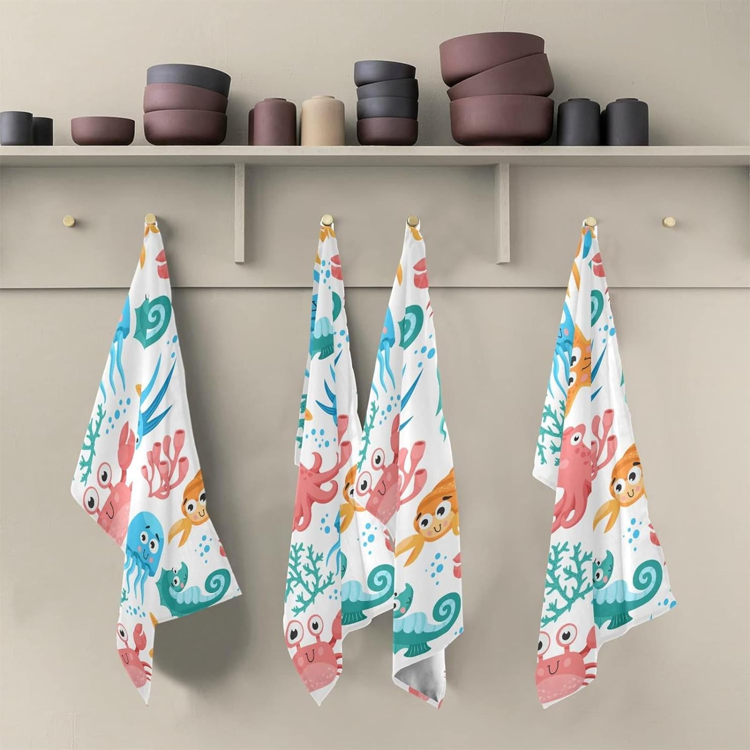 Cartoon Sea Life Animals Tea Towels Set of 6 Fish Starfish Octopus ...