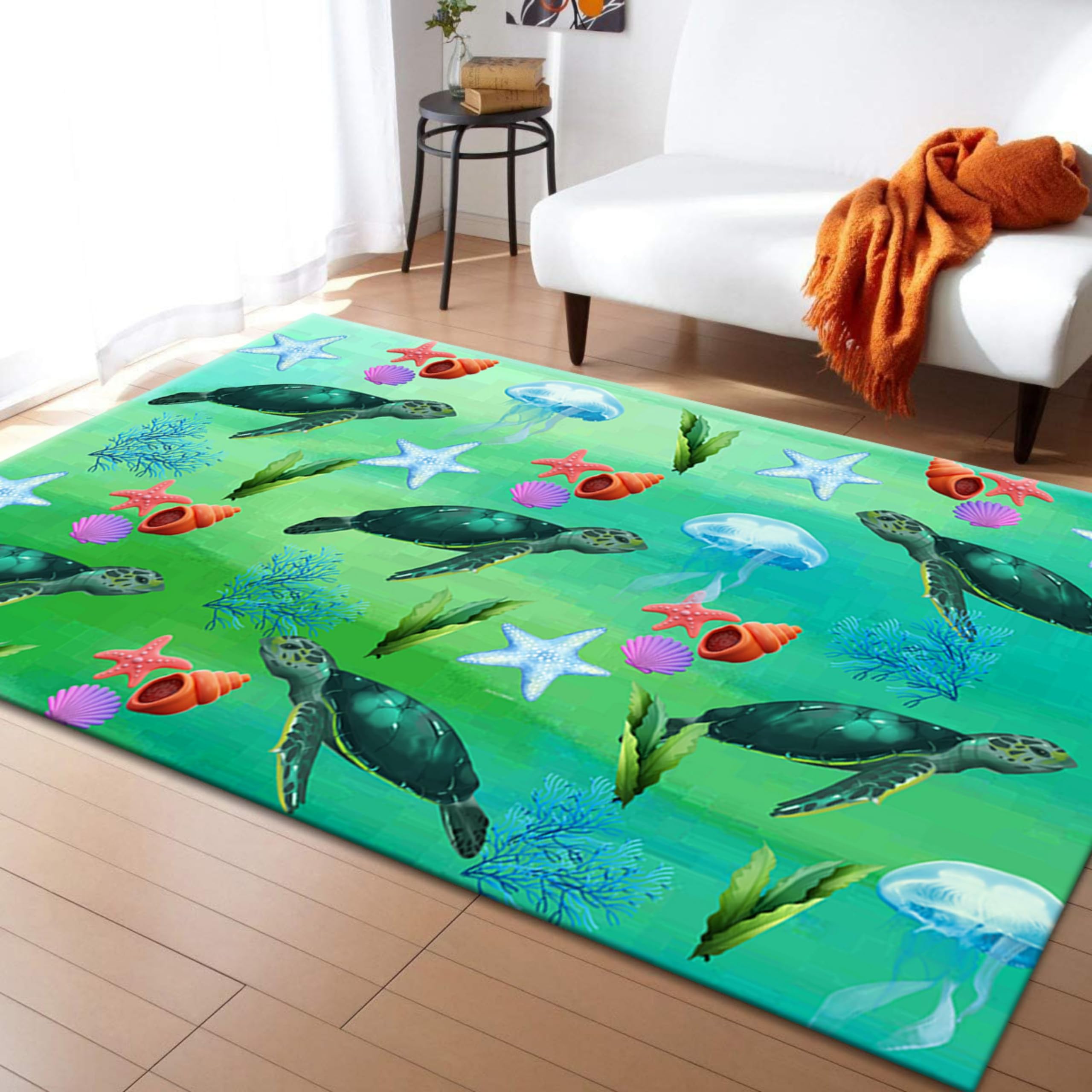 Cartoon Sea Life Area Rug,Starfish Turtle Conch Rugs With Green ...