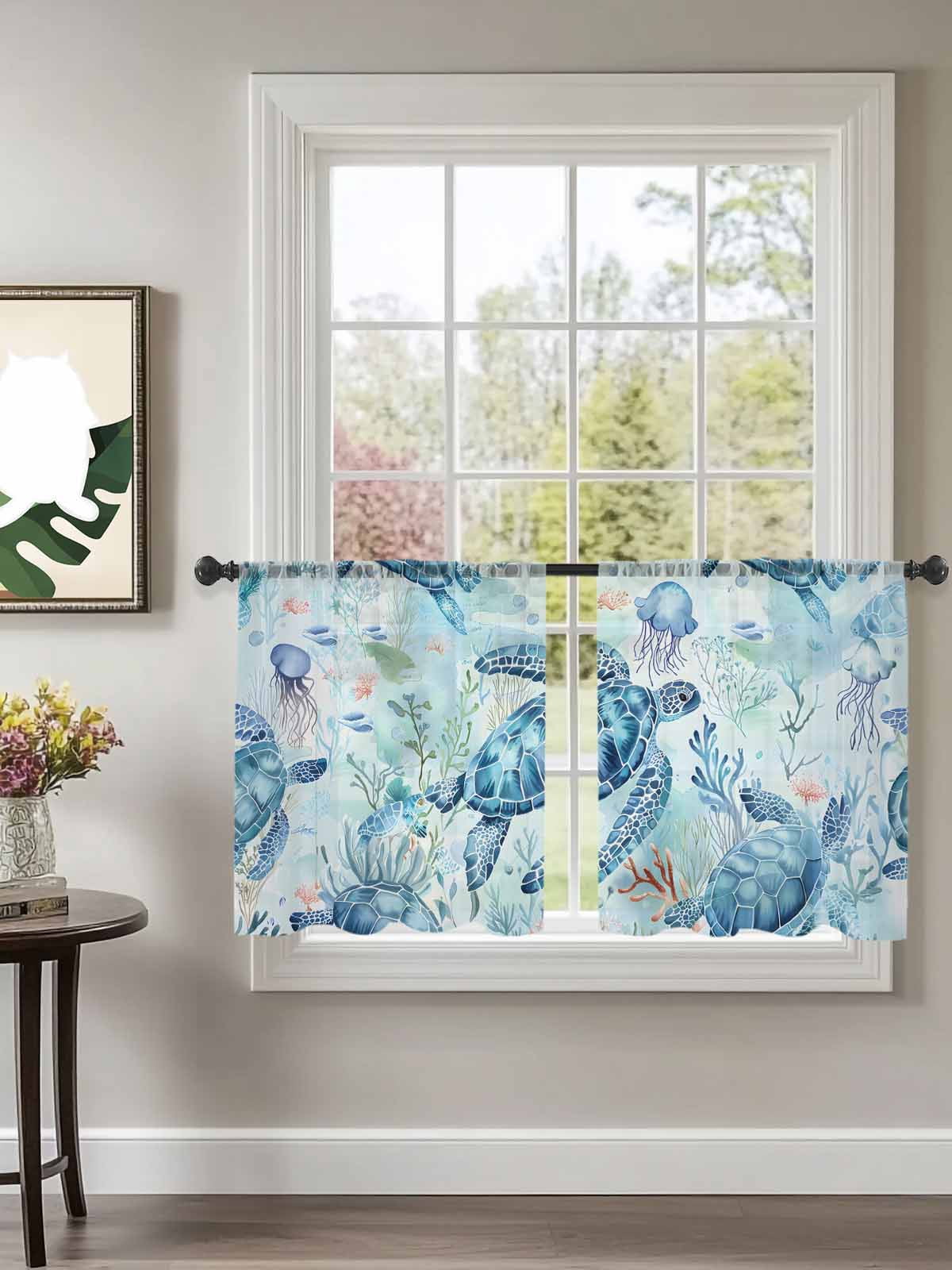 Cartoon Sea Turtle Blue Coral Jellyfish Chiffon Sheer Curtains 54 ...