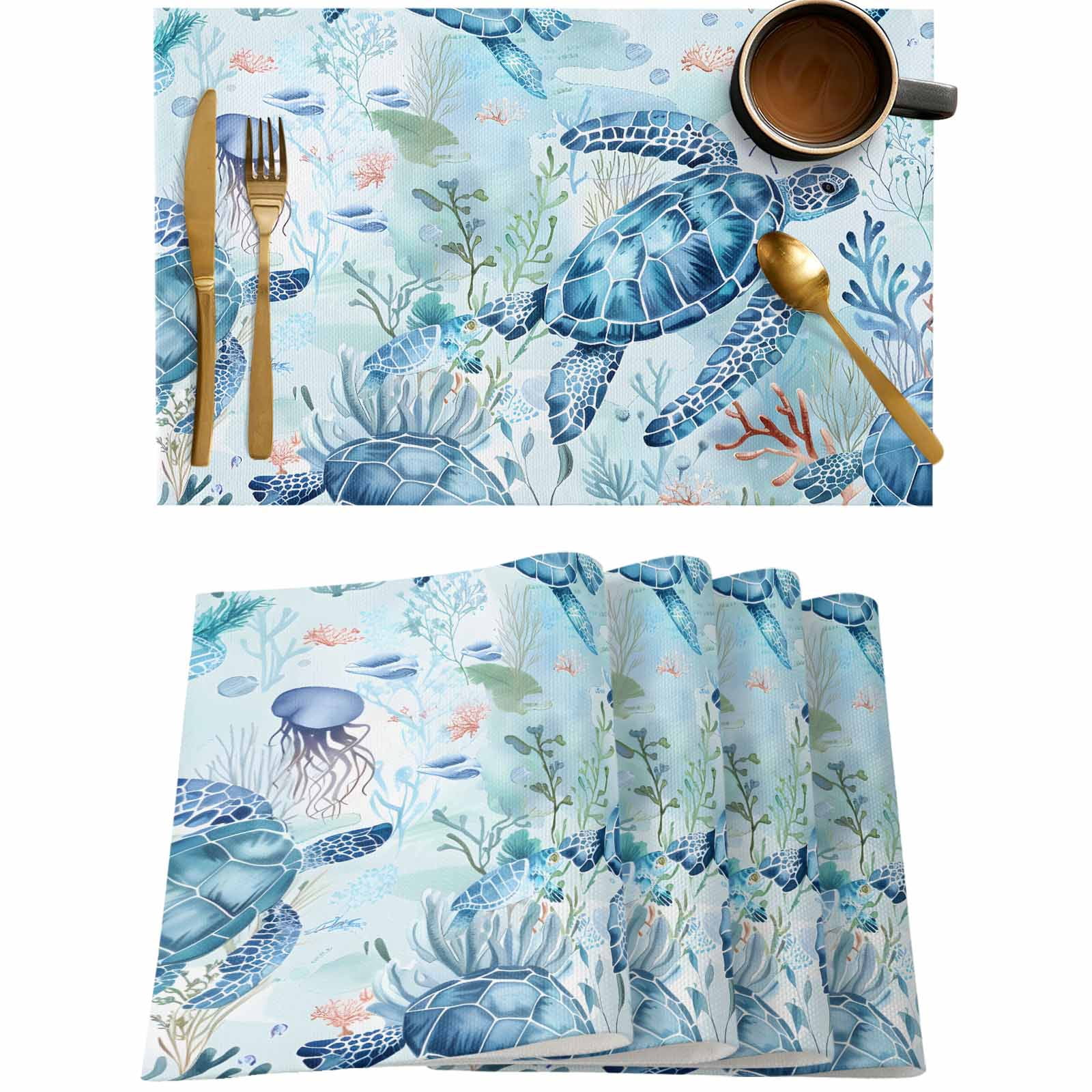 Cartoon Sea Turtle Blue Coral Jellyfish Placemats Set of 4,Wipeable ...