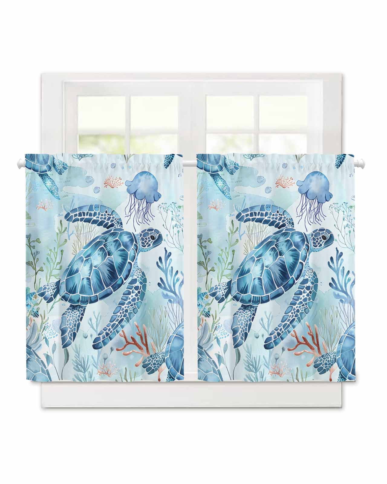 Cartoon Sea Turtle Blue Coral Jellyfish Short Blackout Curtains 36 Inch ...