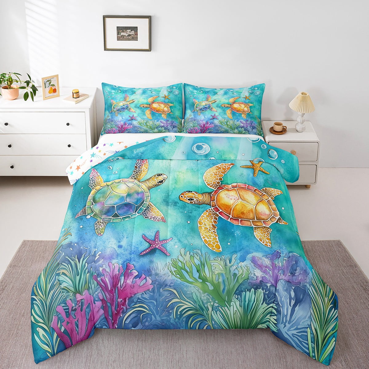 Cartoon Sea Turtle Comforter Sets Ocean Tortoise Animal King Down ...
