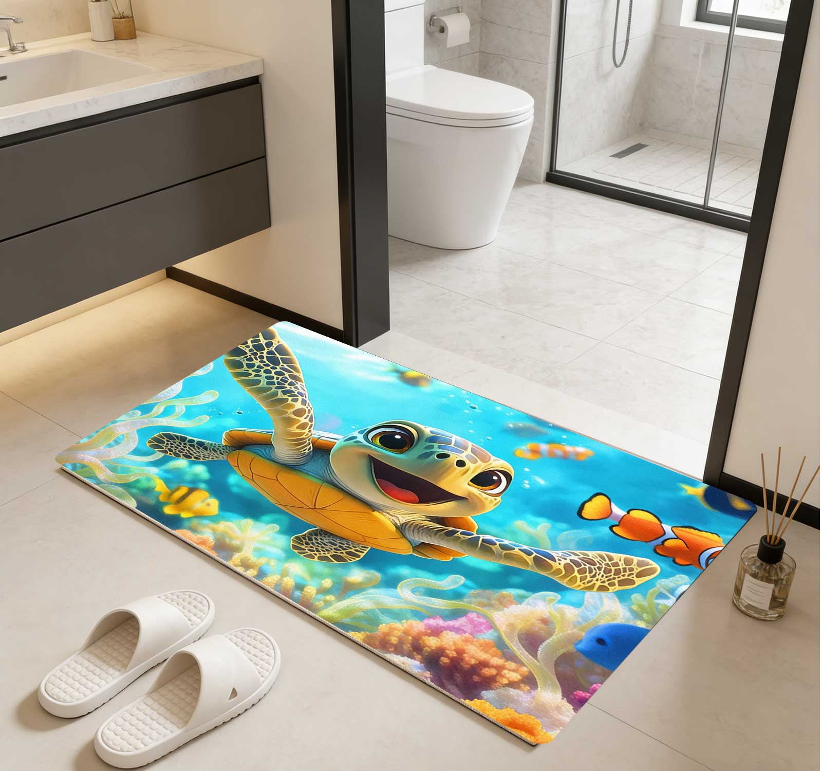 Cartoon Sea Turtle Floor Mat - Water Absorbent Fresh Playful Style Rug ...