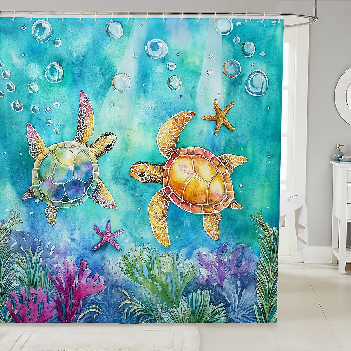 Cartoon Sea Turtle Shower Curtain Ocean Tortoise Animal 72"Wx84"L Bath ...