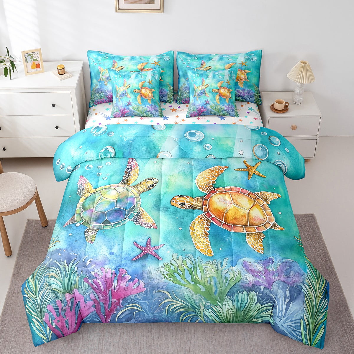 Cartoon Sea Turtle Twin Comforter Set 7 Piece Ocean Tortoise Animal Bed ...