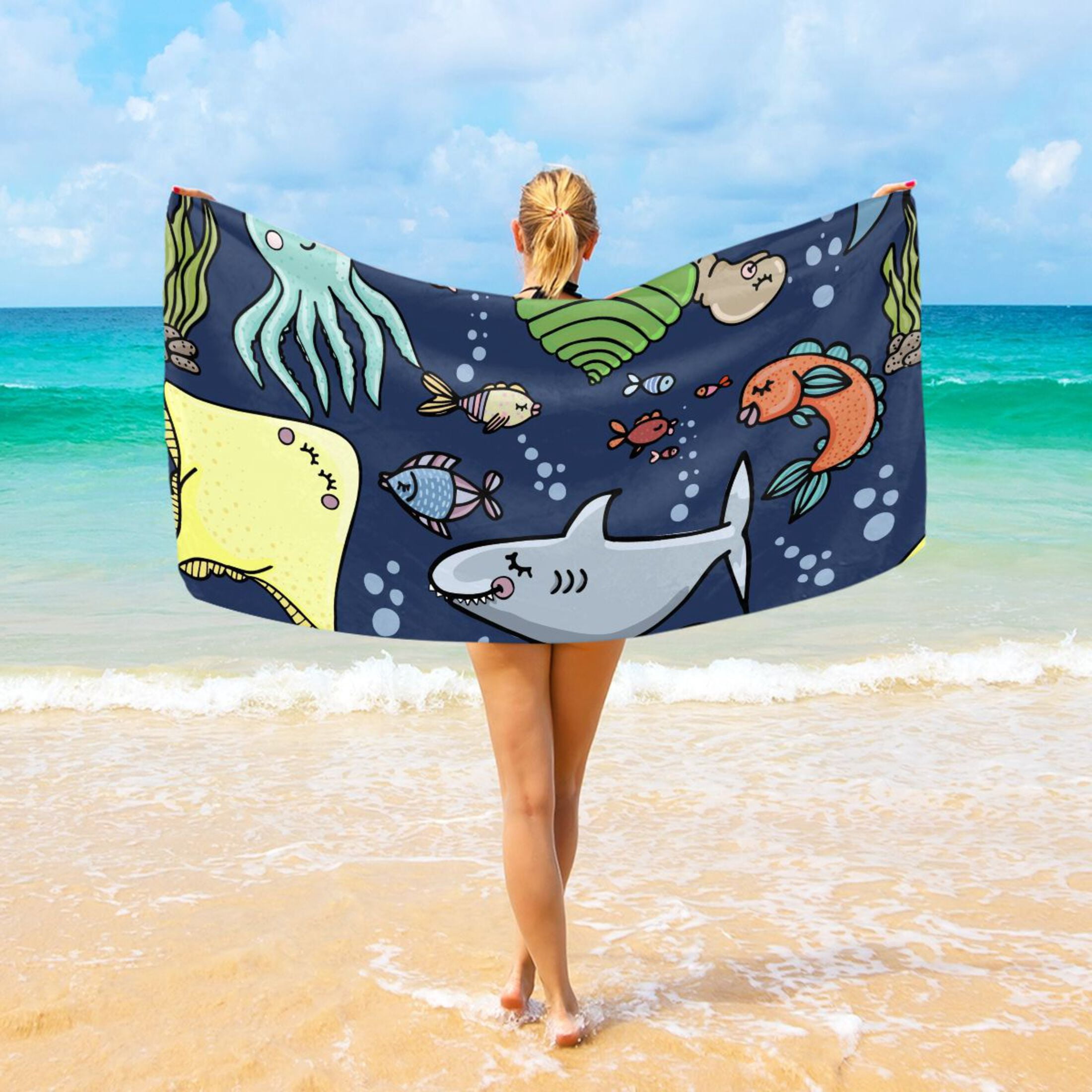 Cartoon Sea Turtles Animals and Fish Beach Towel Camping Towel ...