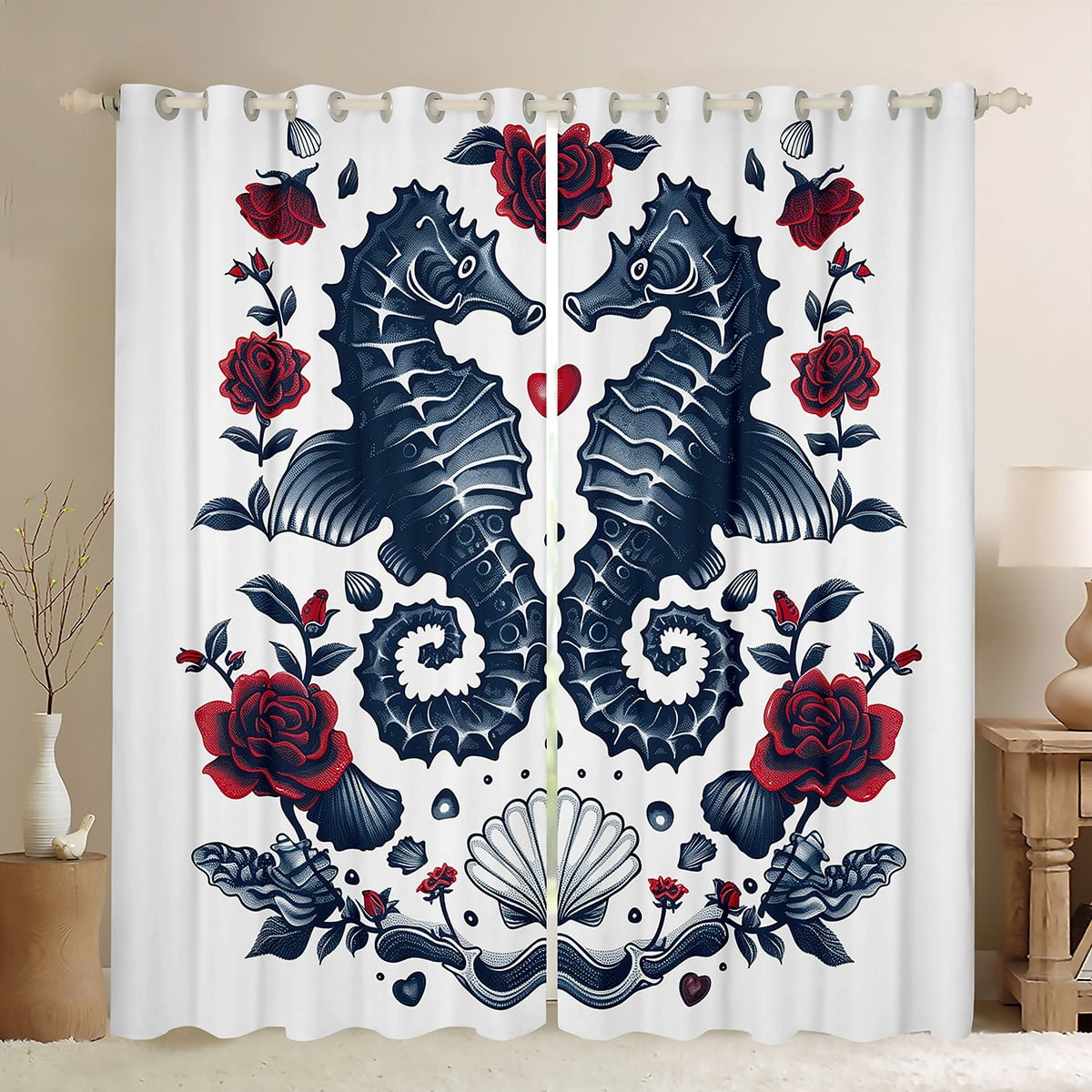 Cartoon Seahorse Curtains Vintage Rose Curtains & Drapes Coastal Beach ...