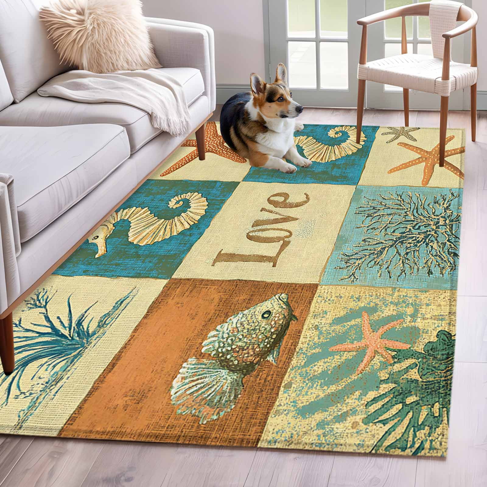 Cartoon Seahorse Starfish Area Rugs 4x6 ft Ocean Fish Seaweed Coastal ...