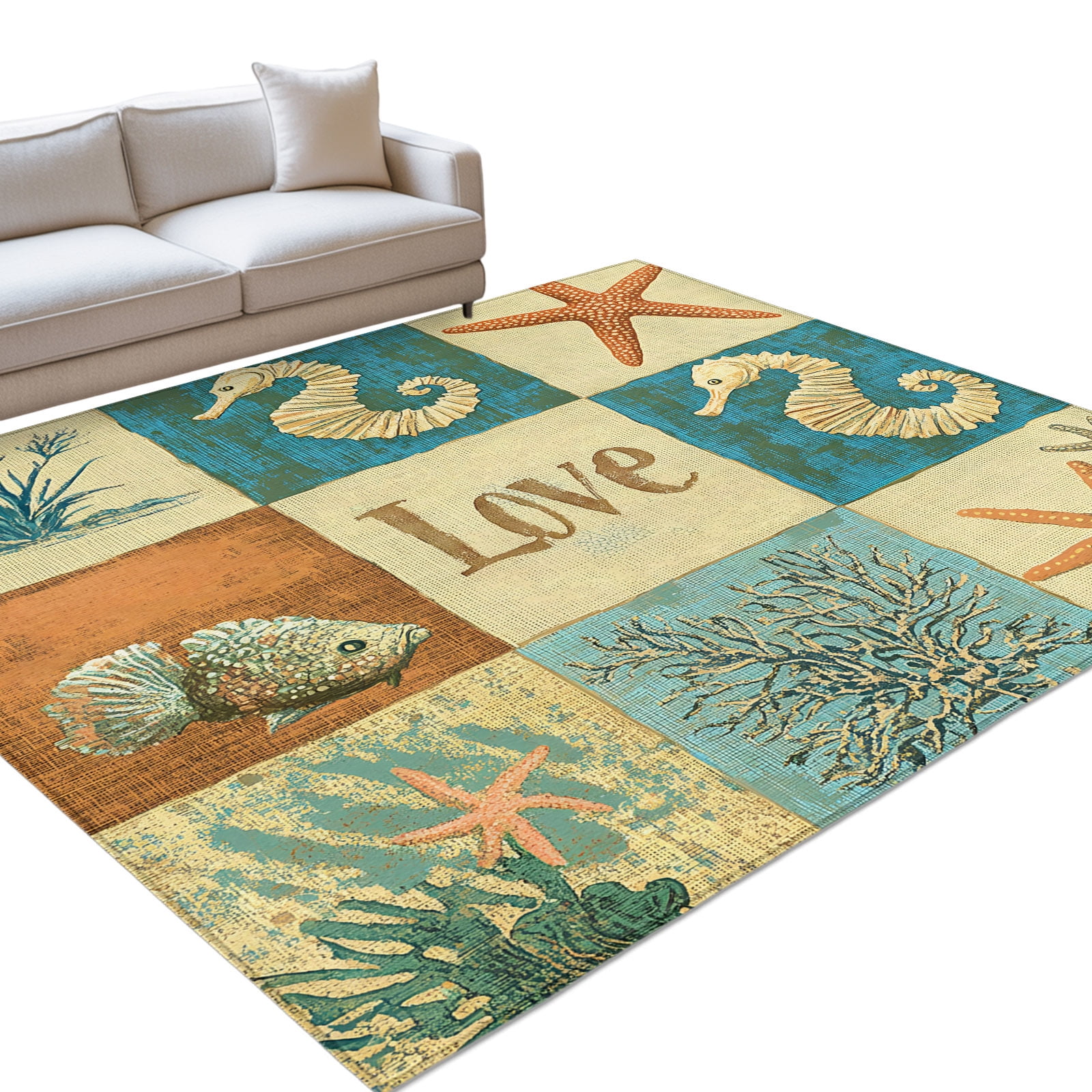 Cartoon Seahorse Starfish Area Rugs 4x6ft Ocean Fish Seaweed Coastal ...