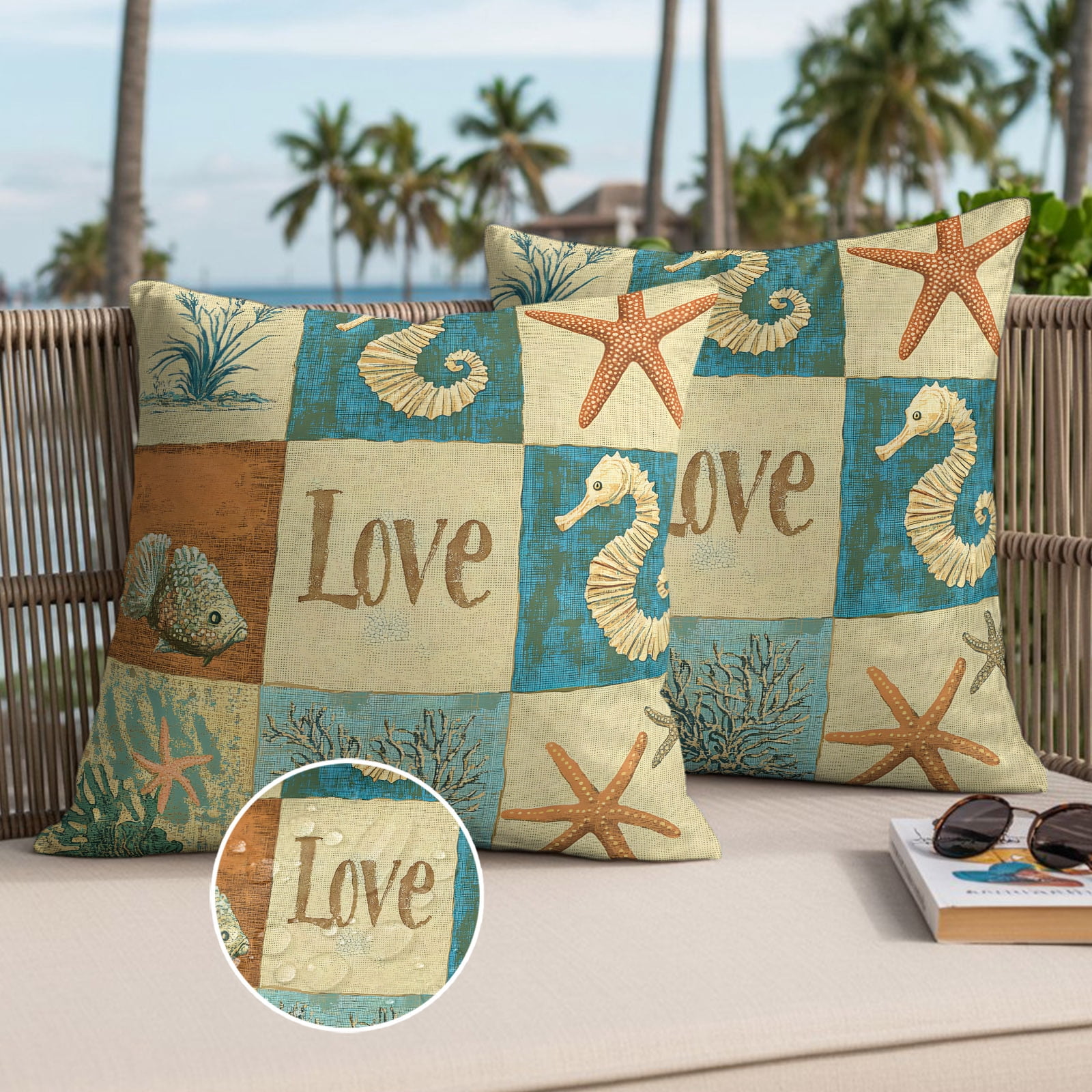 Cartoon Seahorse Starfish Outdoor Waterproof Throw Pillow Covers Set of ...