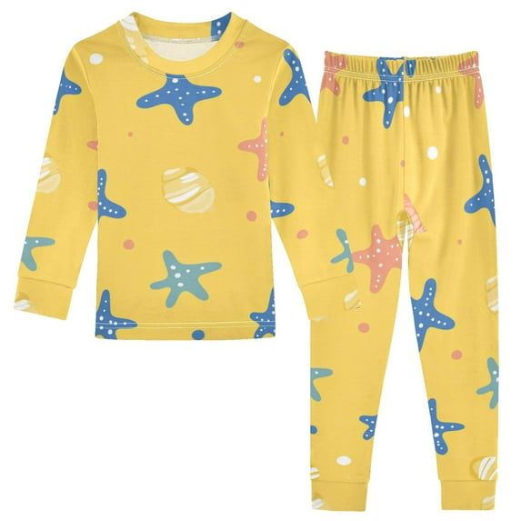 Cartoon Seashell Starfish Yellow Background Cotton Pajama Set Long ...