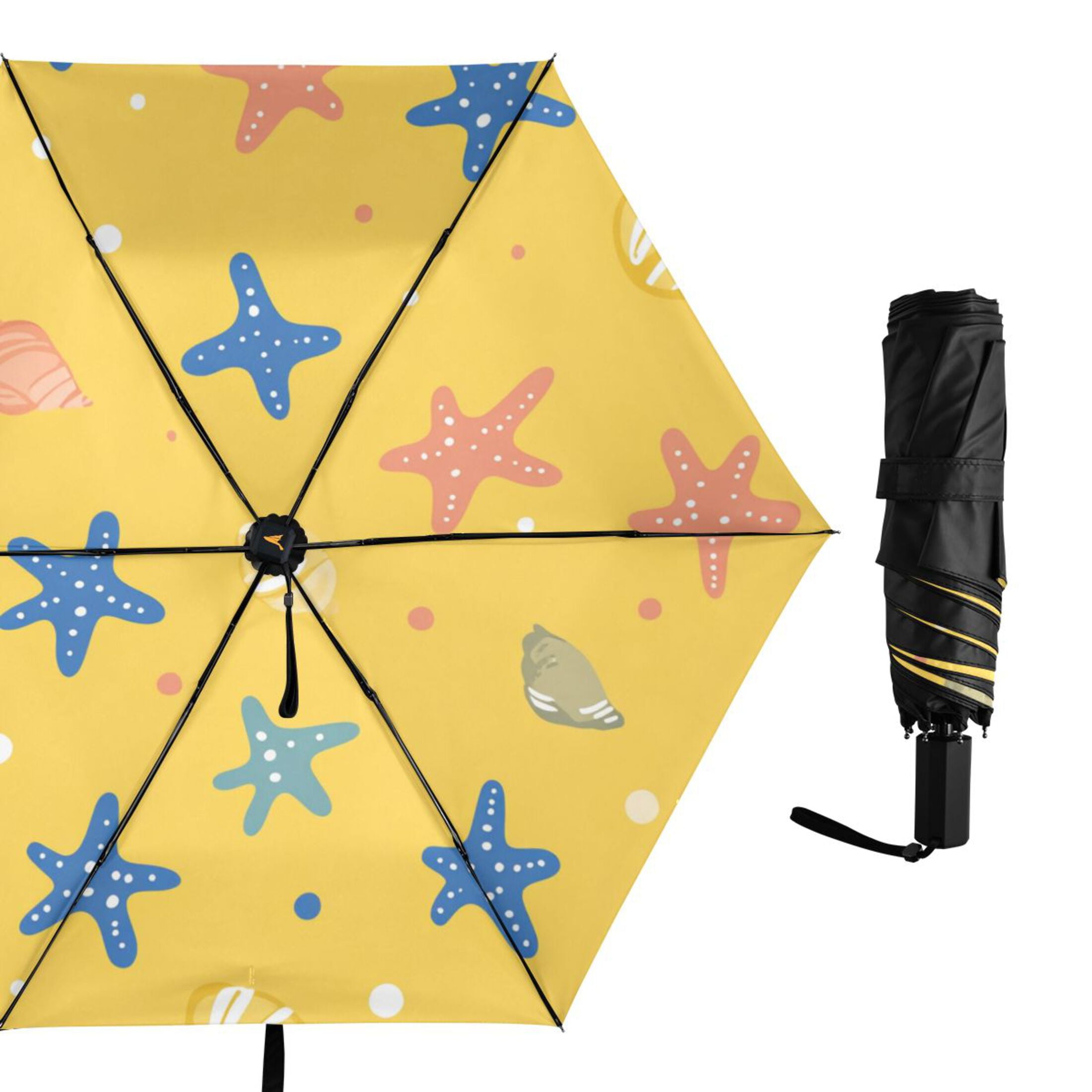 Cartoon Seashell Starfish Yellow Background Triple Folding Umbrella ...