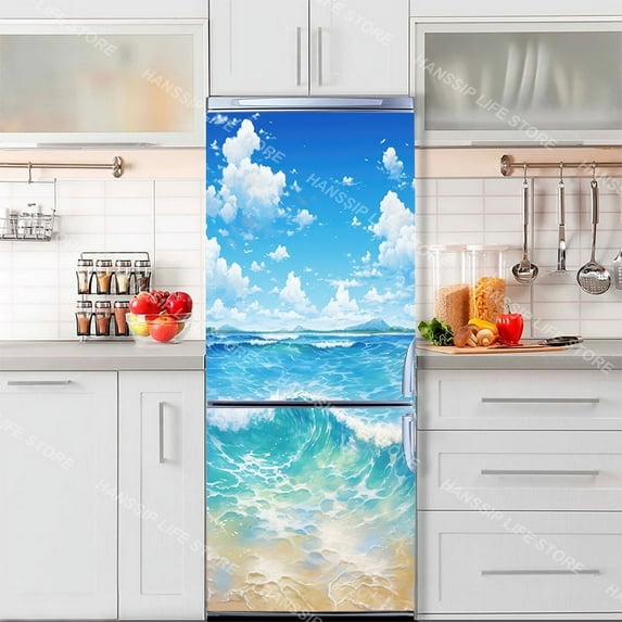 Cartoon Seaside Beach Refrigerator Door Sticker Watercolor Painting Sea ...