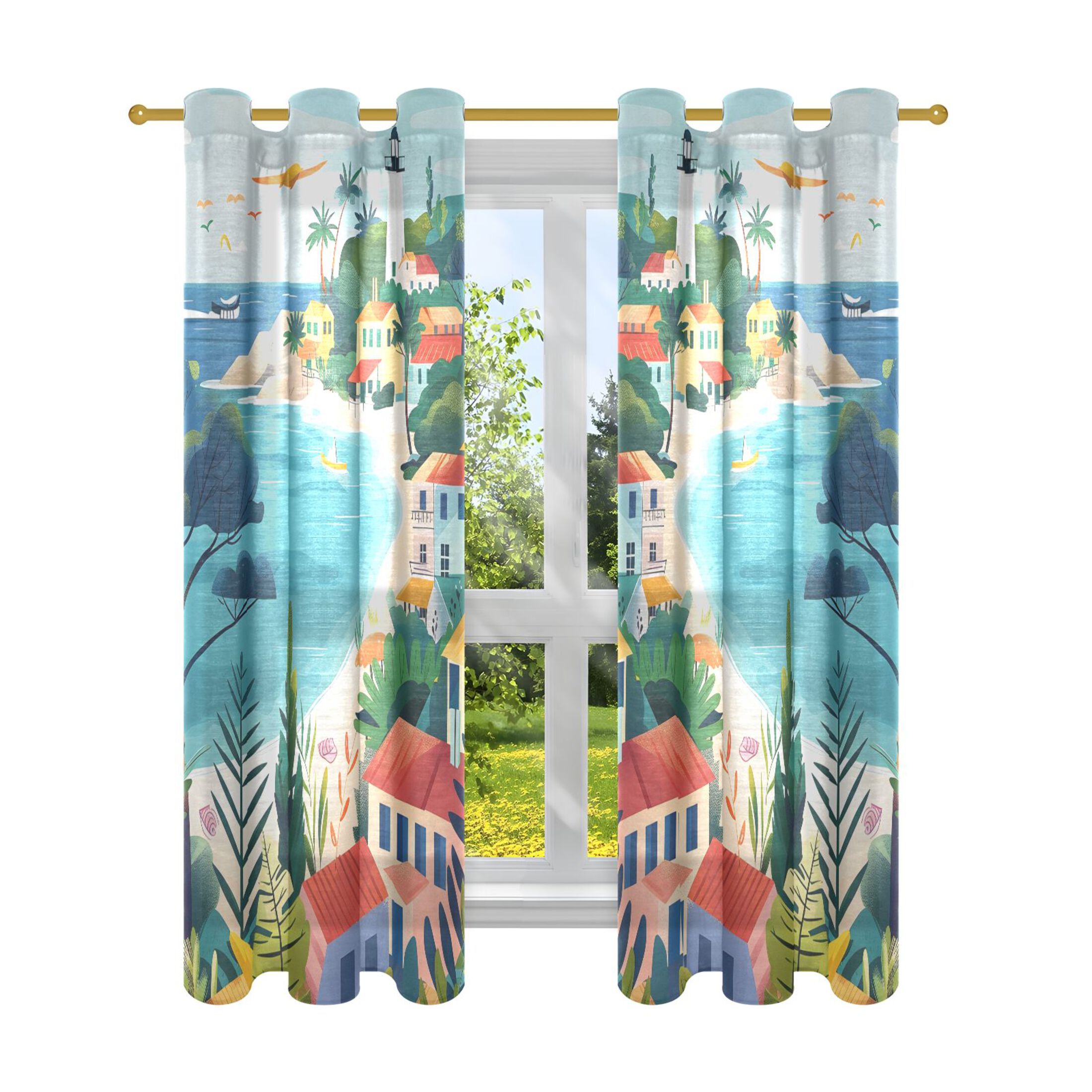 Cartoon Seaside Scenery Sheer Curtains Grommet Drapes Light Filtering ...