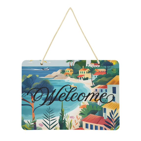 Cartoon Seaside Scenery Welcome Sign Front Door PVC 14x10 inch Hanger ...